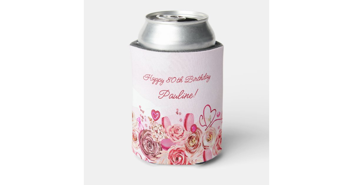 Pink Rose Swirly Heart Valentine's 80th Birthday Can Cooler | Zazzle