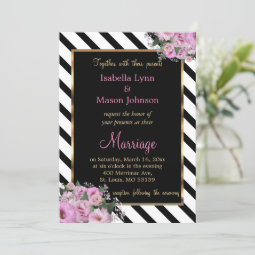 Pink Rose Wedding Black & White Stripe Invitation | Zazzle