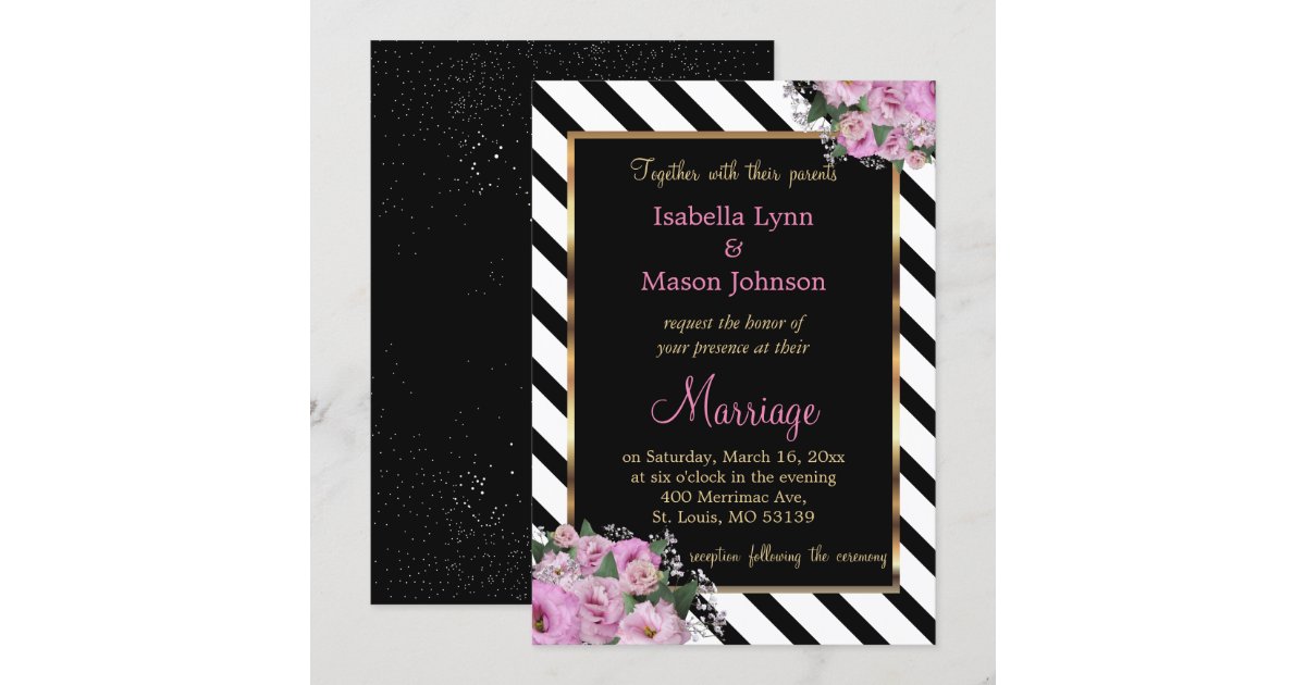 Pink Rose Wedding Black & White Stripe Invitation | Zazzle