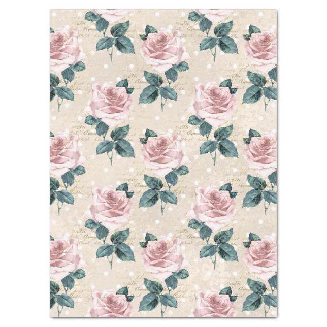 Pink Roses and Script Writing on Tan Decoupage Tissue Paper | Zazzle