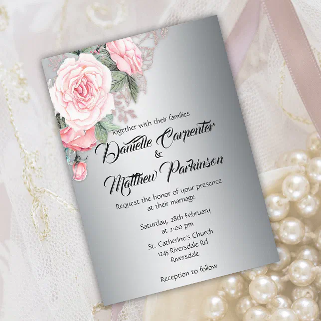 Pink Roses and Silver Wedding Invitation | Zazzle