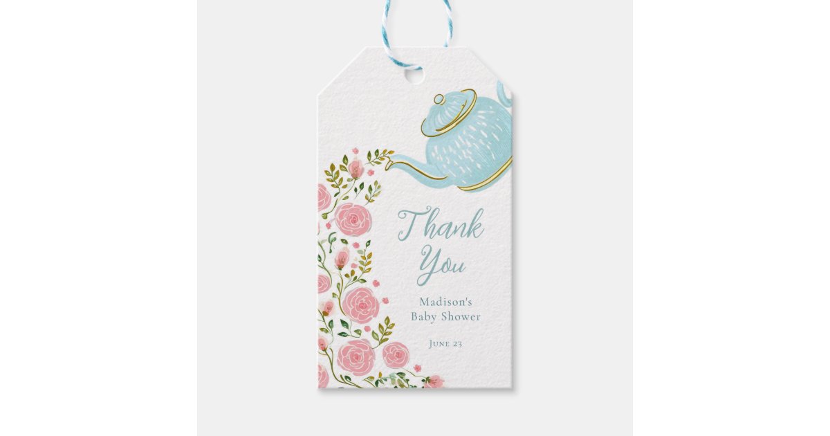 Pink Roses Aqua Tea Pot Gift Tag | Zazzle