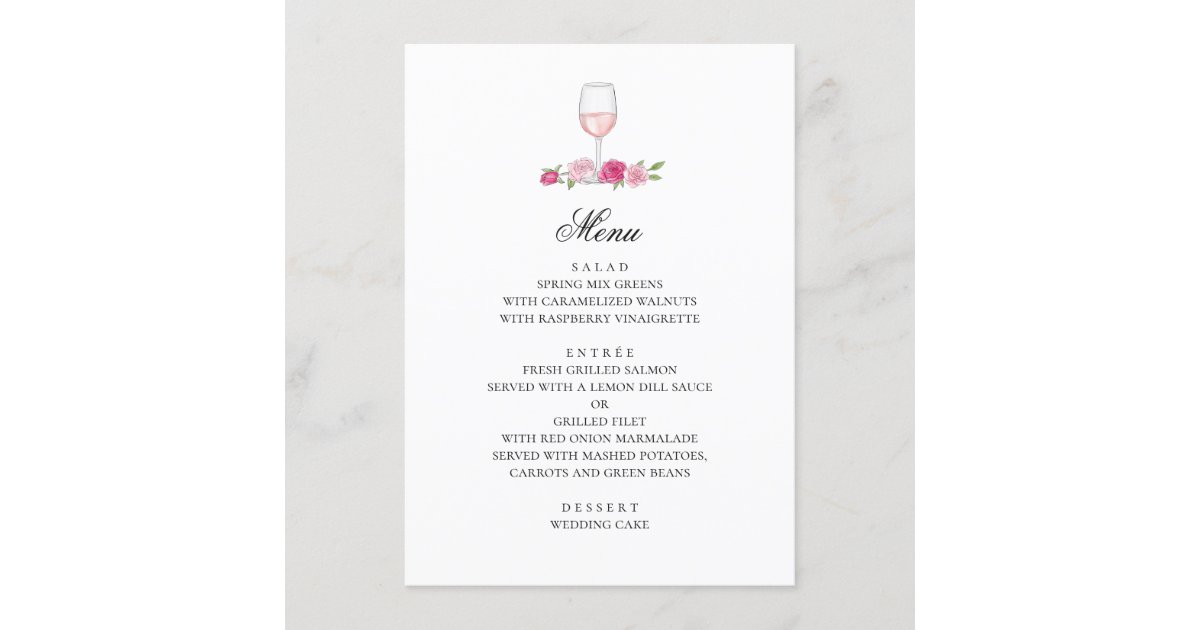 Pink roses. Blush flowers and wine. Floral wedding Menu | Zazzle