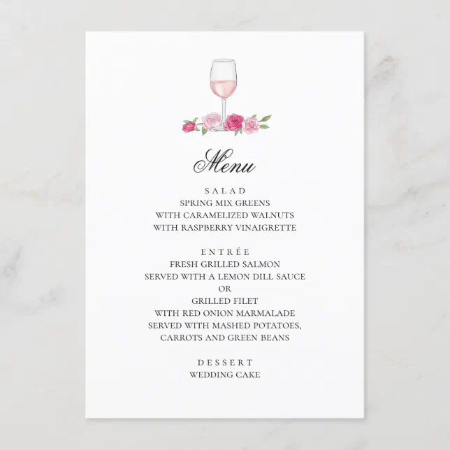 Pink roses. Blush flowers and wine. Floral wedding Menu | Zazzle