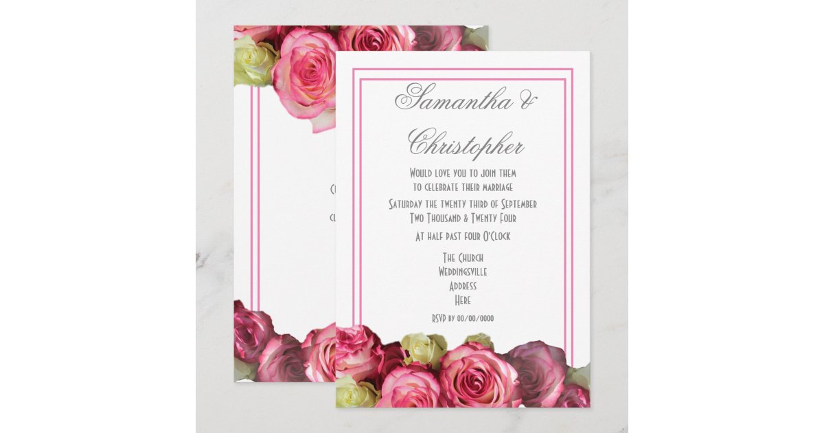 Pink roses border floral wedding invitation | Zazzle