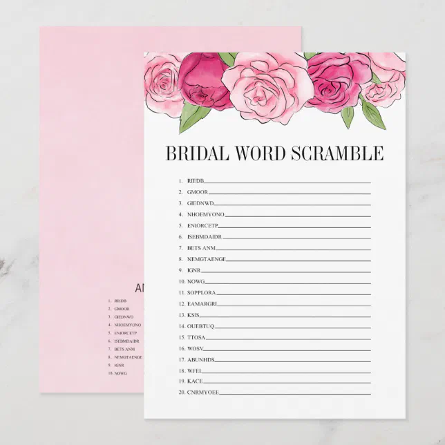 Pink Roses Bridal Shower Word Scramble Game Card | Zazzle