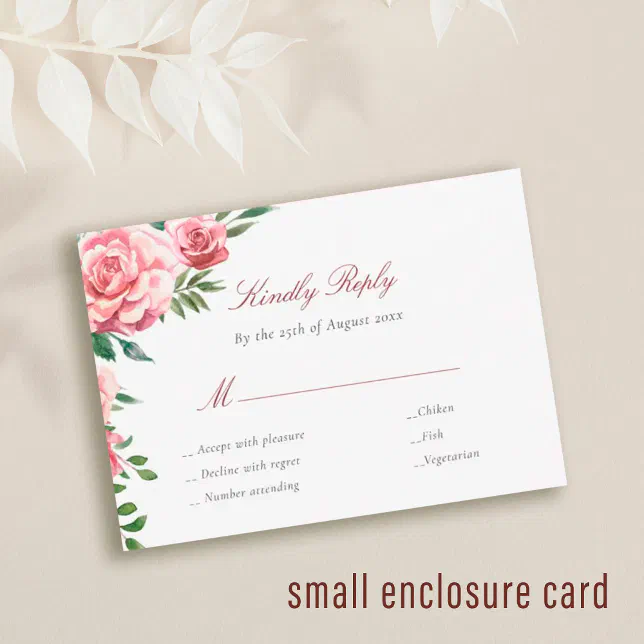 Pink roses budget wedding RSVP card enclosure | Zazzle