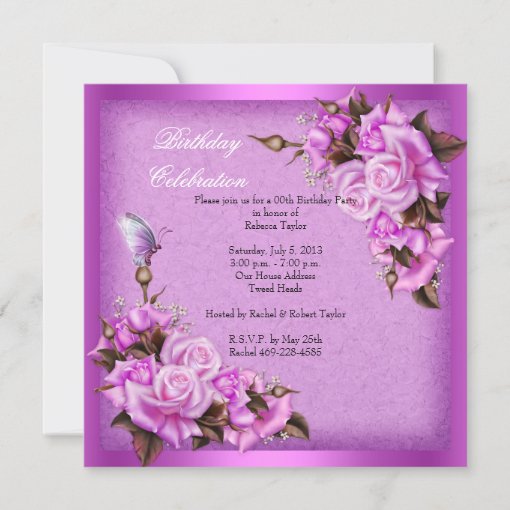 Pink Roses Butterfly Floral Birthday Party Invitation | Zazzle