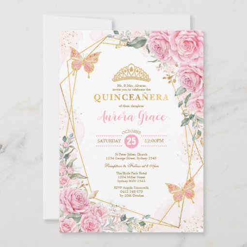 Pink Roses Butterfly Quinceañera Gold Geometric In Invitation | Zazzle