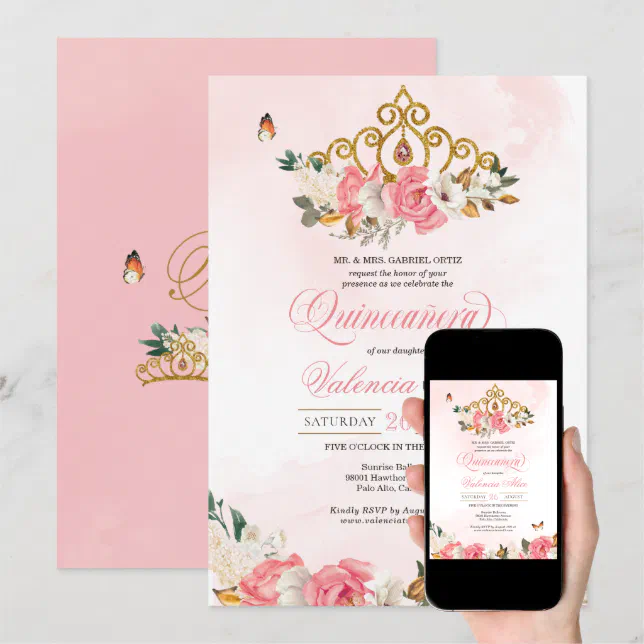 Pink Roses Butterfly Quinceanera Gold Tiara Invitation | Zazzle
