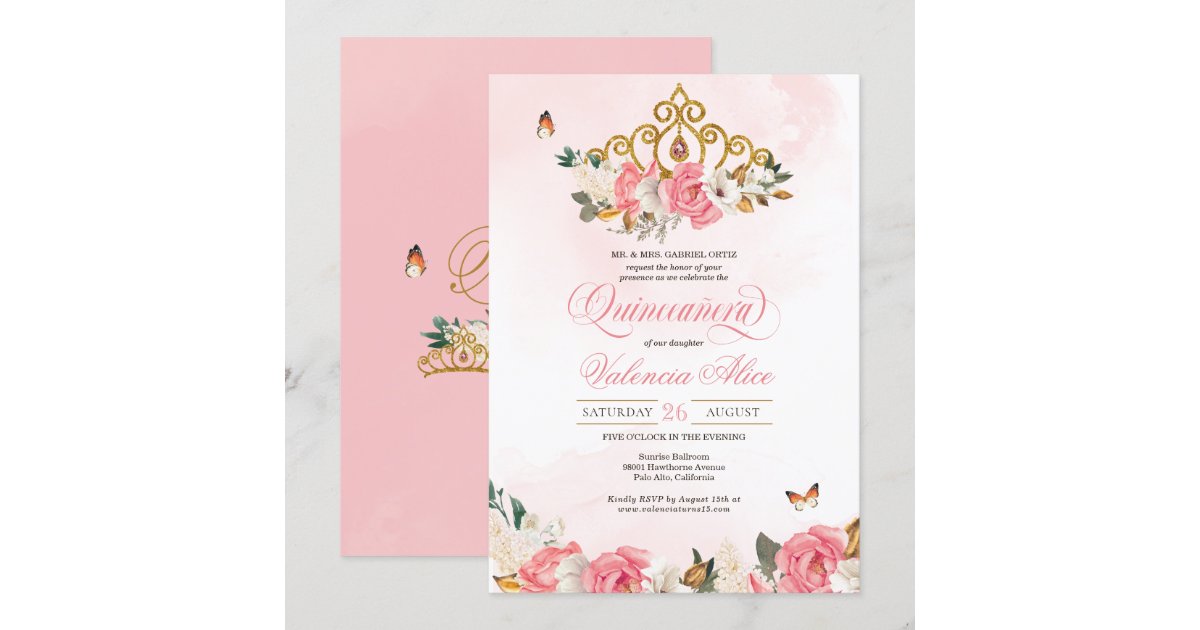Pink Roses Butterfly Quinceanera Gold Tiara Invitation | Zazzle