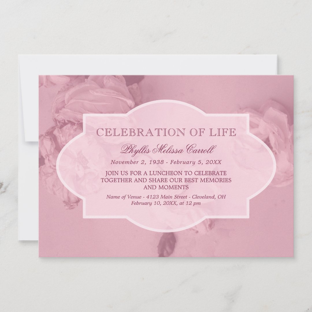 Pink Roses Celebration of Life Invitation | Zazzle