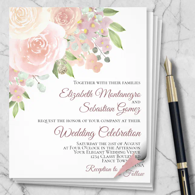 Pink Roses Elegant Boho PAPER Wedding Invite Flyer | Zazzle