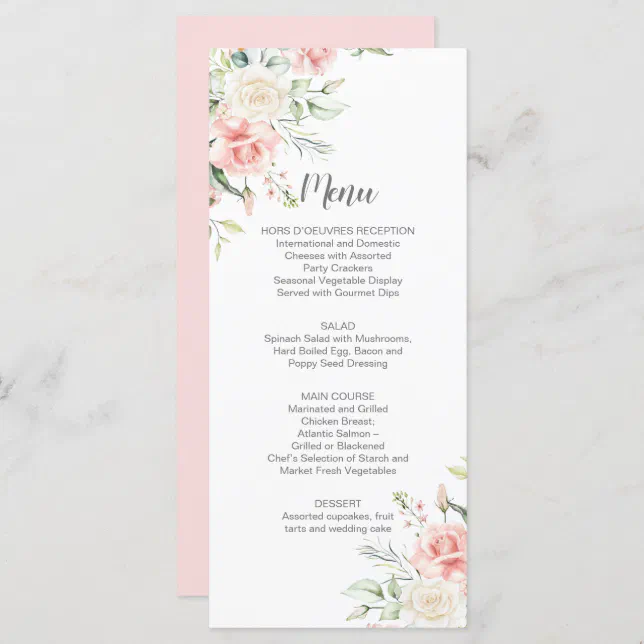 Pink Roses, Eucalyptus, Greenery Wedding Menu | Zazzle