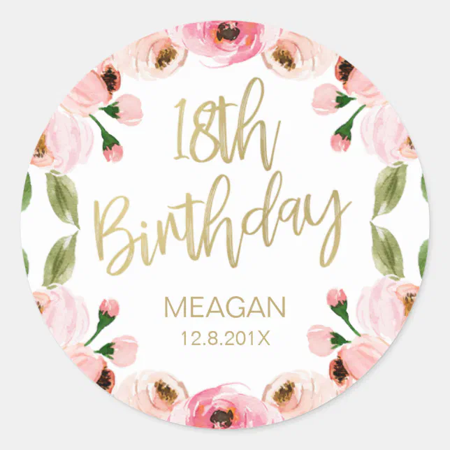 Pink roses Faux Gold Calligraphy 18th birthday Classic Round Sticker ...