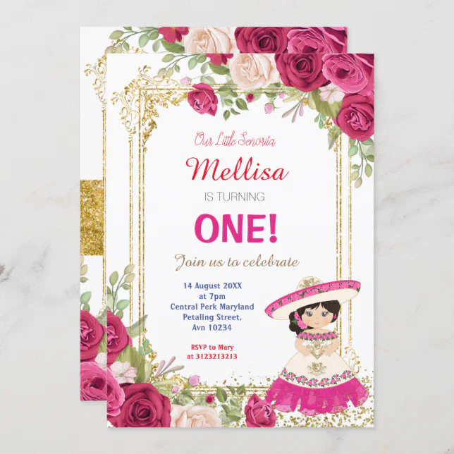 Pink Roses Fiesta Birthday Party Invitation | Zazzle