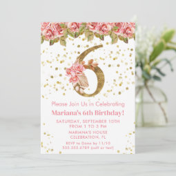 Pink Roses Floral 6th Birthday Party Invitation | Zazzle
