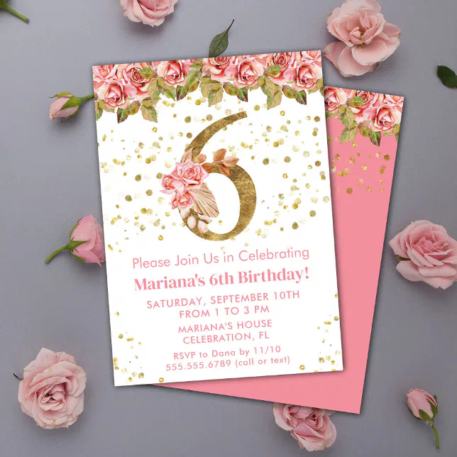 Pink Roses Floral 6th Birthday Party Invitation | Zazzle