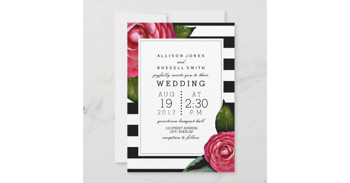Pink Roses Floral Black + White Stripe Wedding Invitation | Zazzle