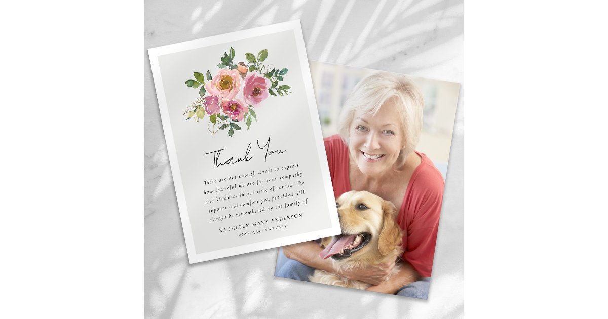 Pink Roses Floral Photo Sympathy Funeral Thank You Card | Zazzle
