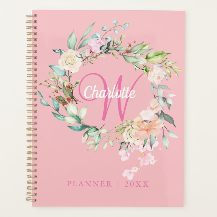 Pink Roses Floral Script Monogram 2023 Planner | Zazzle