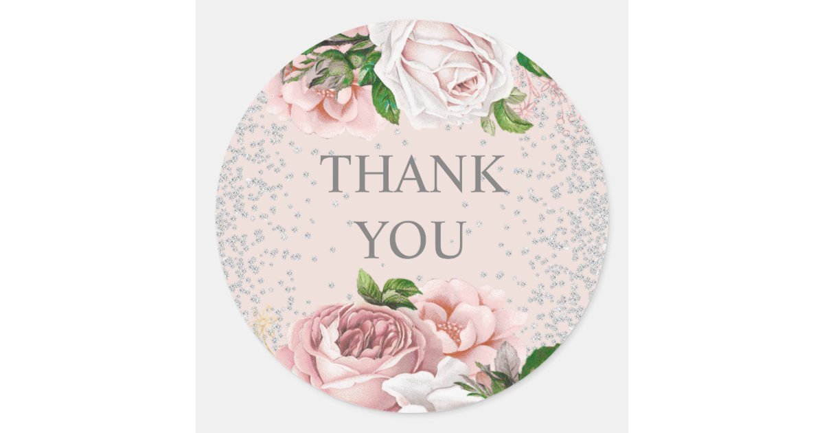 Pink Roses Floral Silver Glitter Thank You Classic Round Sticker | Zazzle