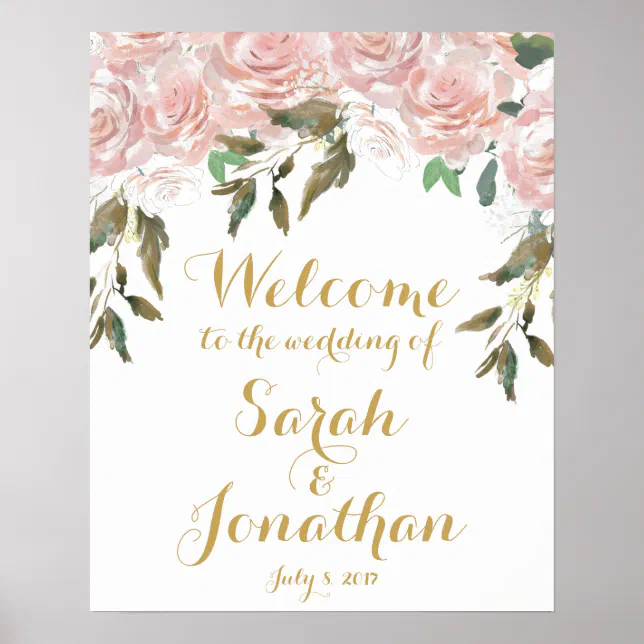 Pink roses floral wedding welcome sign white | Zazzle