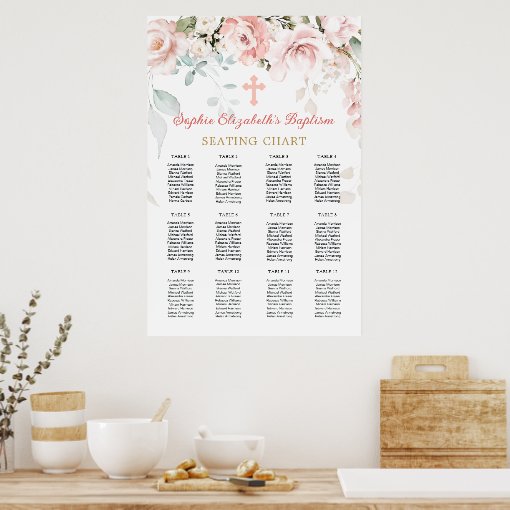 Pink Roses Foliage Cross Baptism Seating Chart | Zazzle