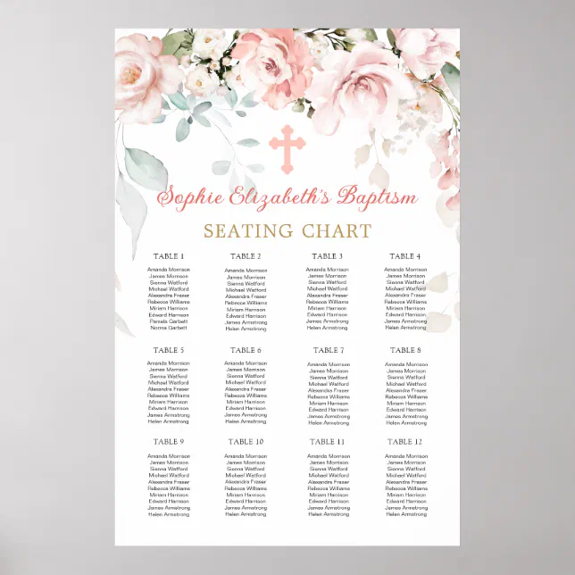 Pink Roses Foliage Cross Baptism Seating Chart | Zazzle