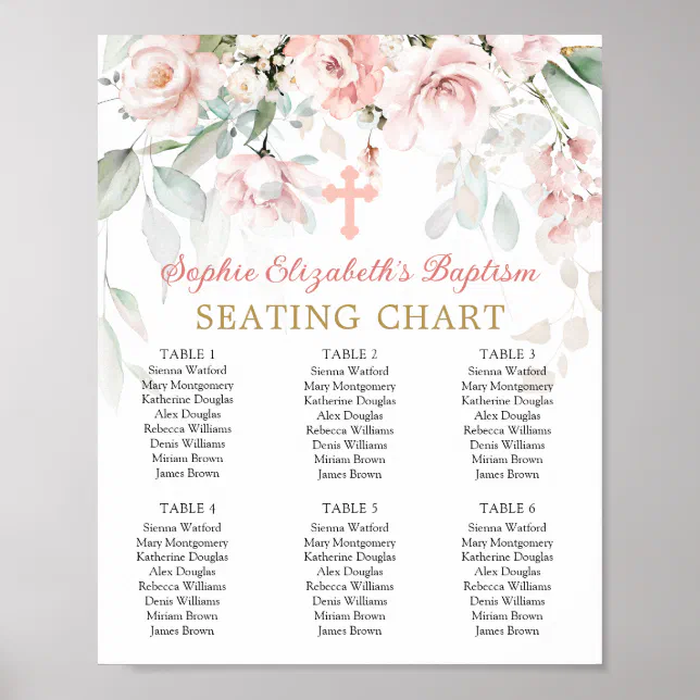 Pink Roses Foliage Cross Baptism Seating Chart | Zazzle