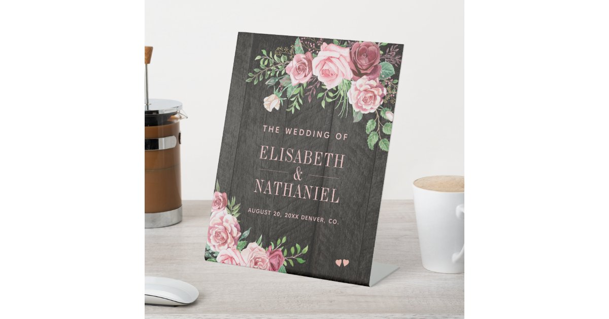Pink roses garden wedding barn wood welcome sign | Zazzle