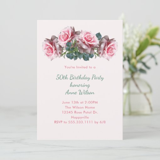 Pink Roses Her Birthday Party Invitation | Zazzle