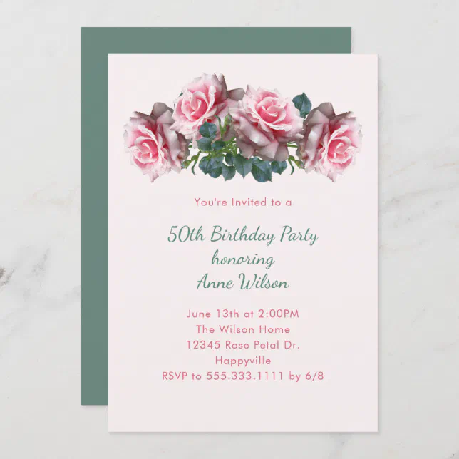 Pink Roses Her Birthday Party Invitation | Zazzle