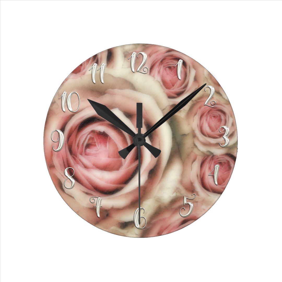 Pink Roses Modern Shabby Chic Romantic Custom Round Clock | Zazzle