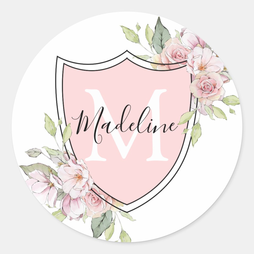 Pink Roses Monogram Name Crest Classic Round Sticker | Zazzle