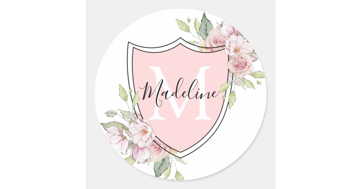 Pink Roses Monogram Name Crest Classic Round Sticker | Zazzle