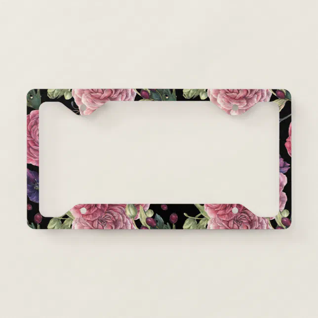 PInk roses on black Pattern License Plate Frame | Zazzle