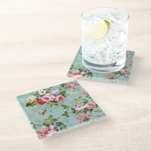 Pink Roses on Mint Vintage Glass Coasters | Zazzle