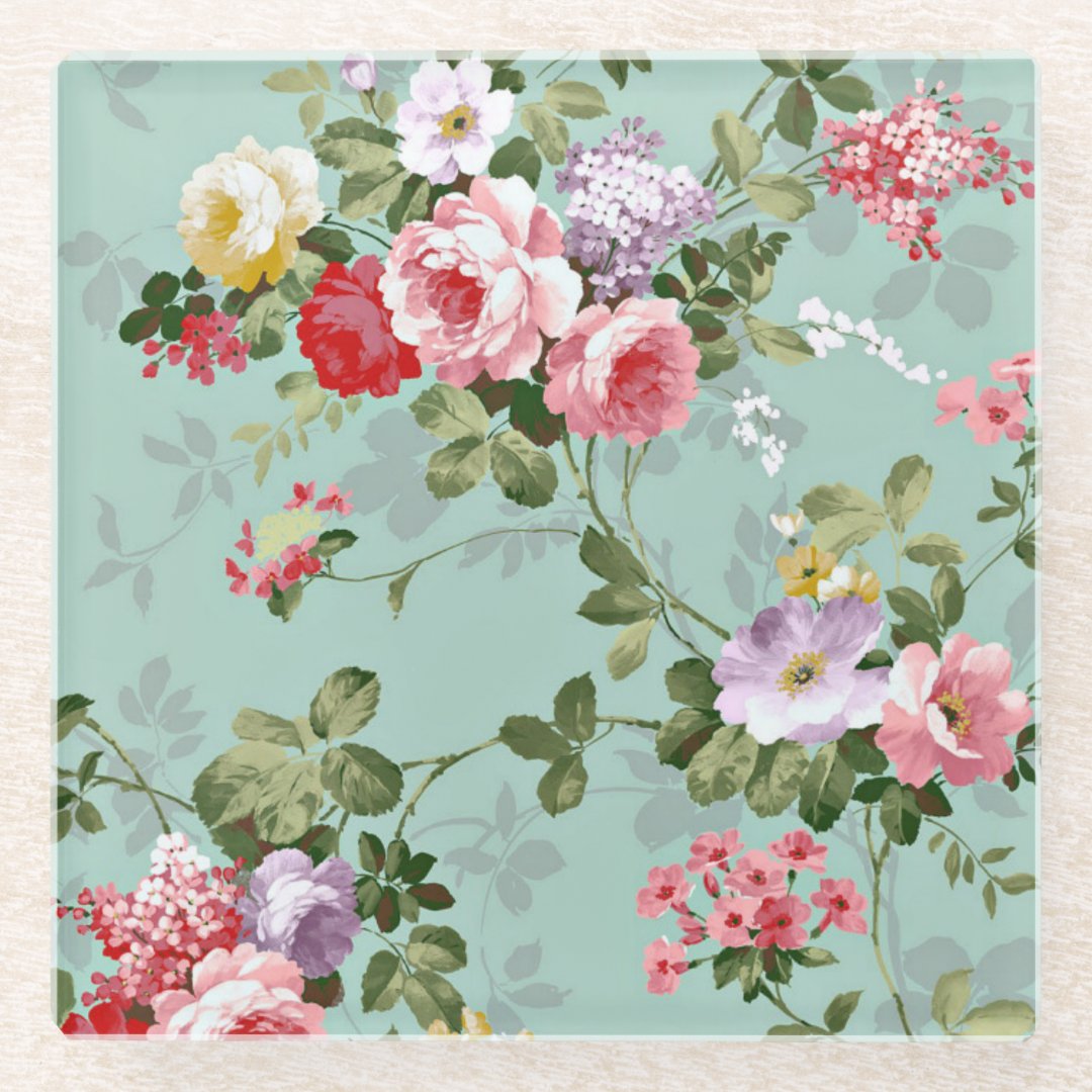 Pink Roses on Mint Vintage Glass Coasters | Zazzle