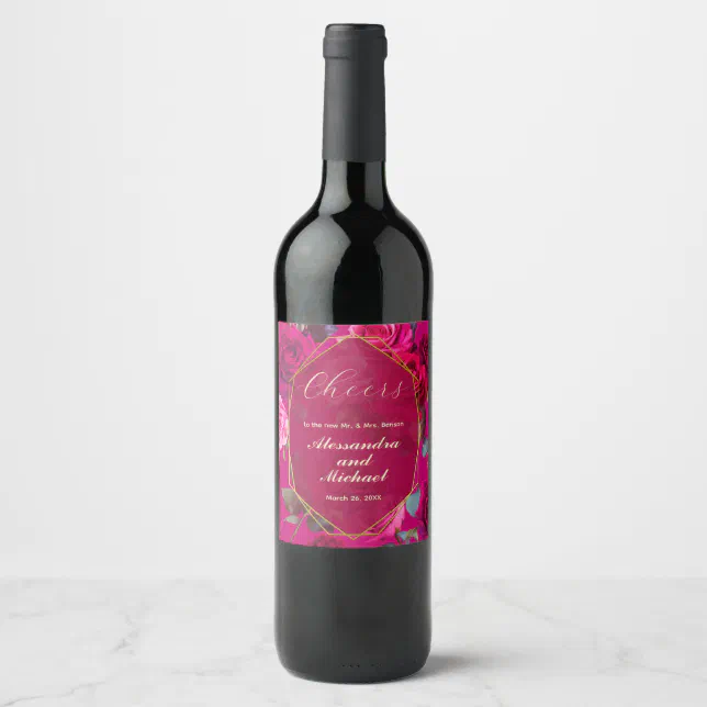 Pink Roses on Viva Magenta | Bridal Shower Wine Label | Zazzle