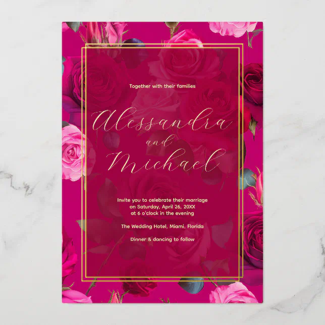 Pink Roses on Viva Magenta | Wedding Foil Invitation | Zazzle