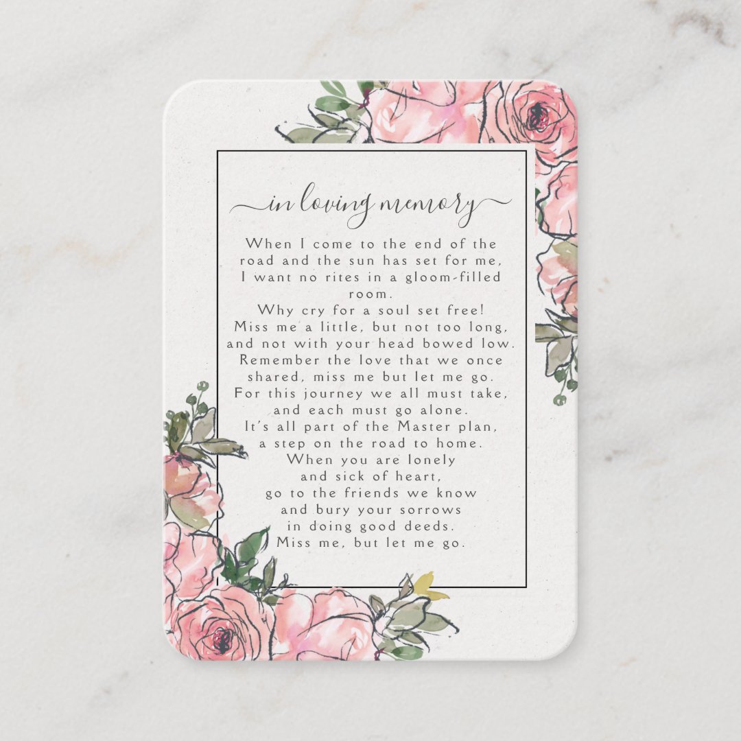 Pink Roses Photo Funeral Memorial Poem Card | Zazzle