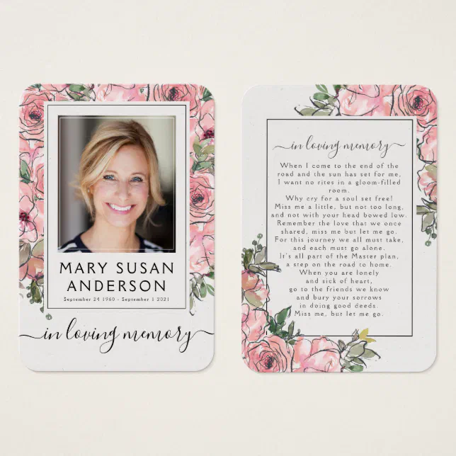 Pink Roses Photo Funeral Memorial Poem Card | Zazzle