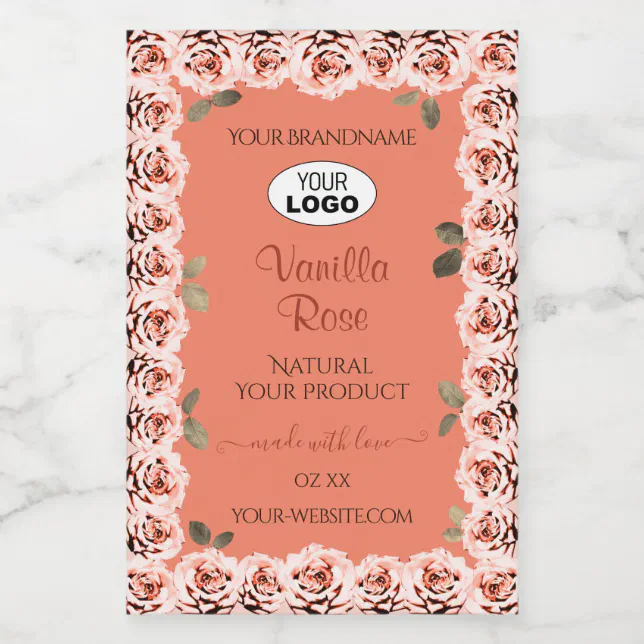 Pink Roses Product Labels Salmon Background Logo | Zazzle