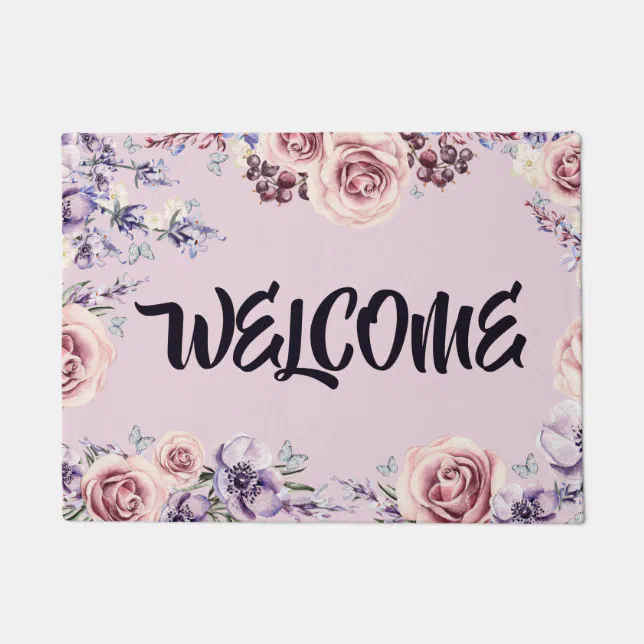 Pink Roses Purple Flowers Border Welcome Door Mat | Zazzle