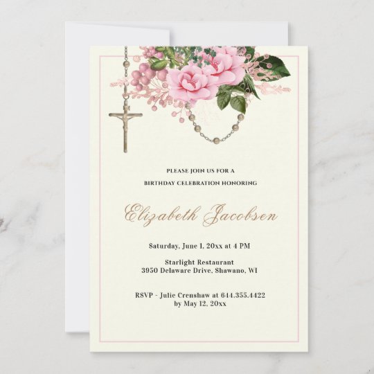 Pink Roses Religious Rosary Birthday Floral Invitation | Zazzle.com