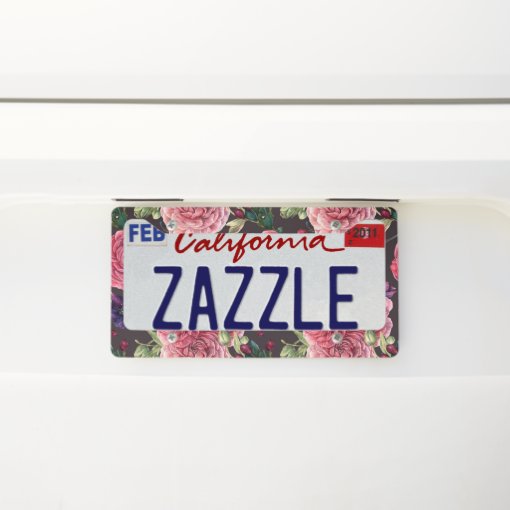 Pink Roses Romantic On Grey Pattern License Plate Frame | Zazzle