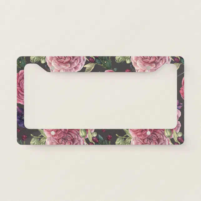 Pink Roses Romantic On Grey Pattern License Plate Frame | Zazzle