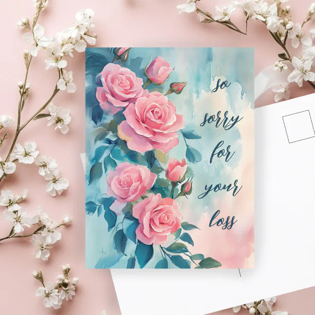 Pink Roses SORRY FOR LOSS CUSTOM Condolences Postcard | Zazzle