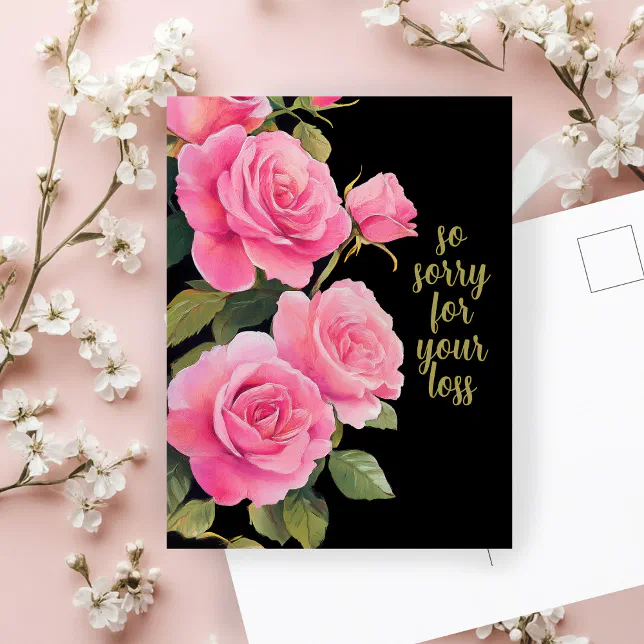 Pink Roses SORRY FOR LOSS CUSTOM Condolences Postcard | Zazzle